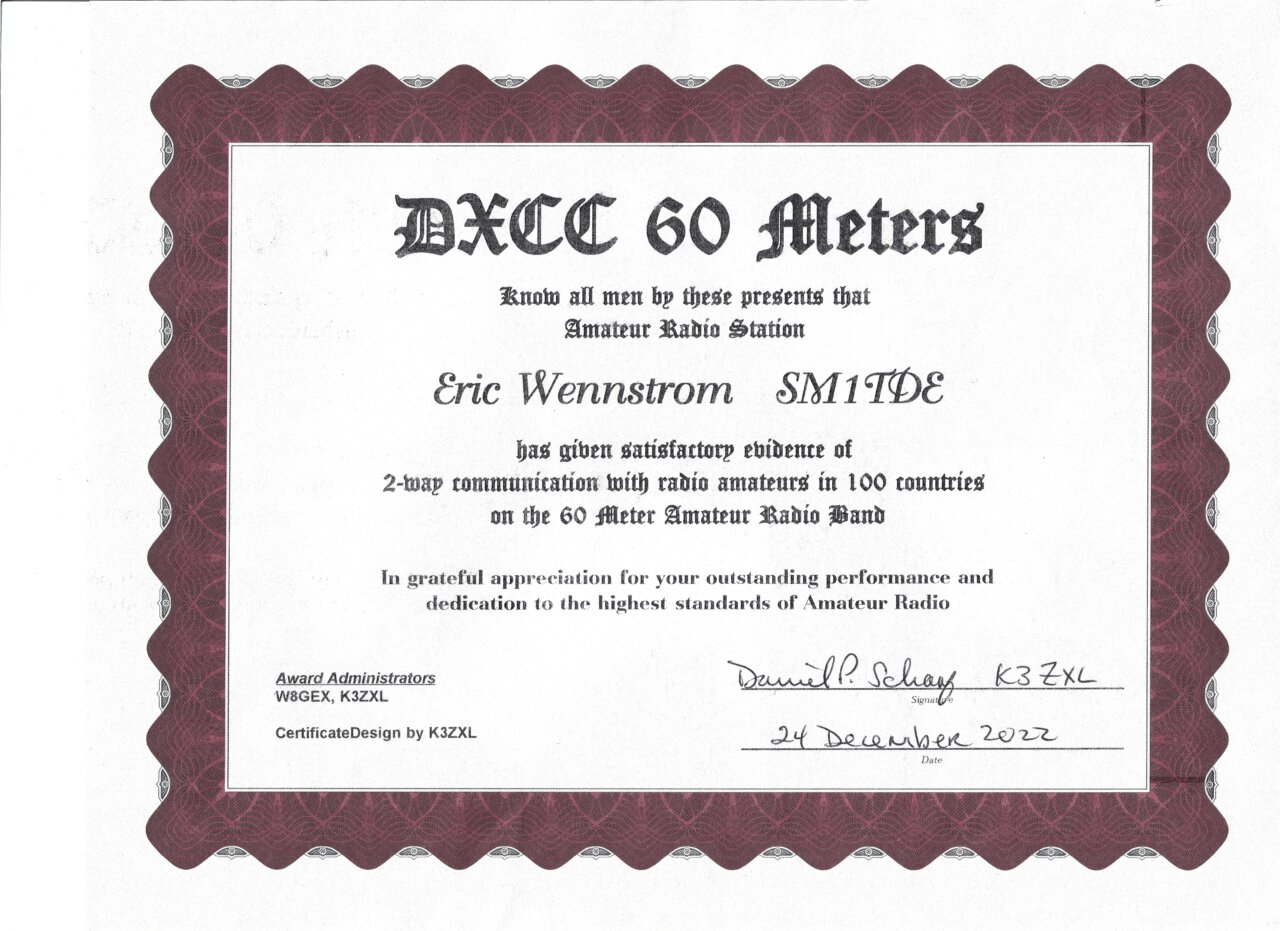 DXCC-diplom för 60m – Sektion HF